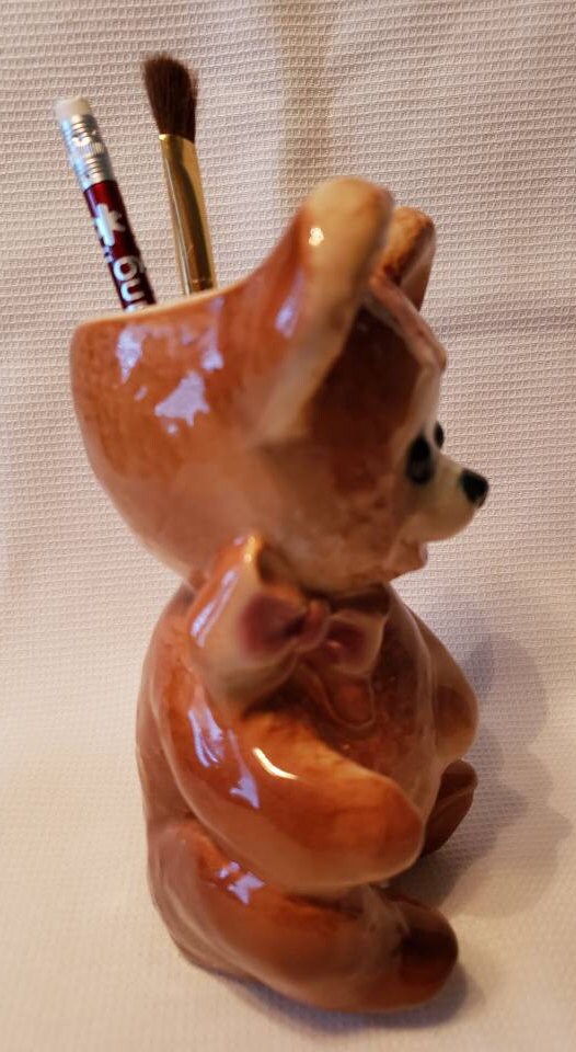 Vintage Glazed Teddy Bear Brown Vase Pencil Brush Cup Pink Bow | Etsy