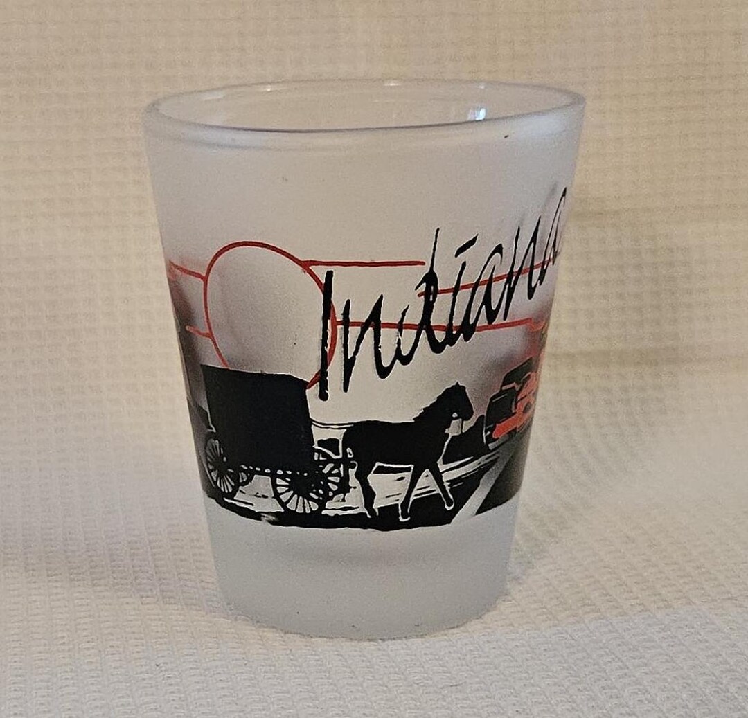 Vintage Travel Souvenir Indiana Amish Country Shot Glass Red Black ...