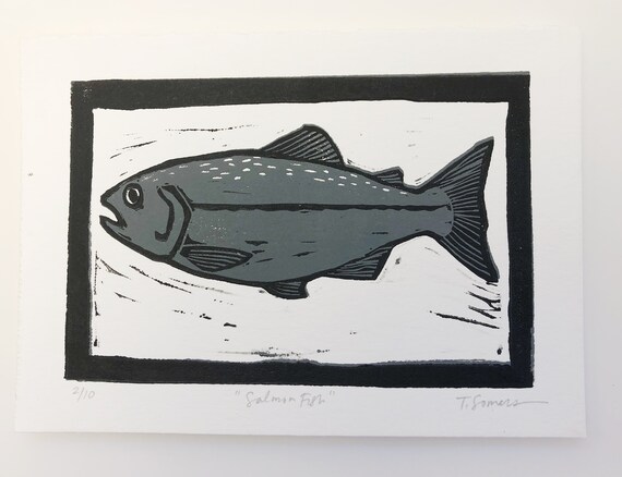SALMON FISH Block print art original art print black | Etsy