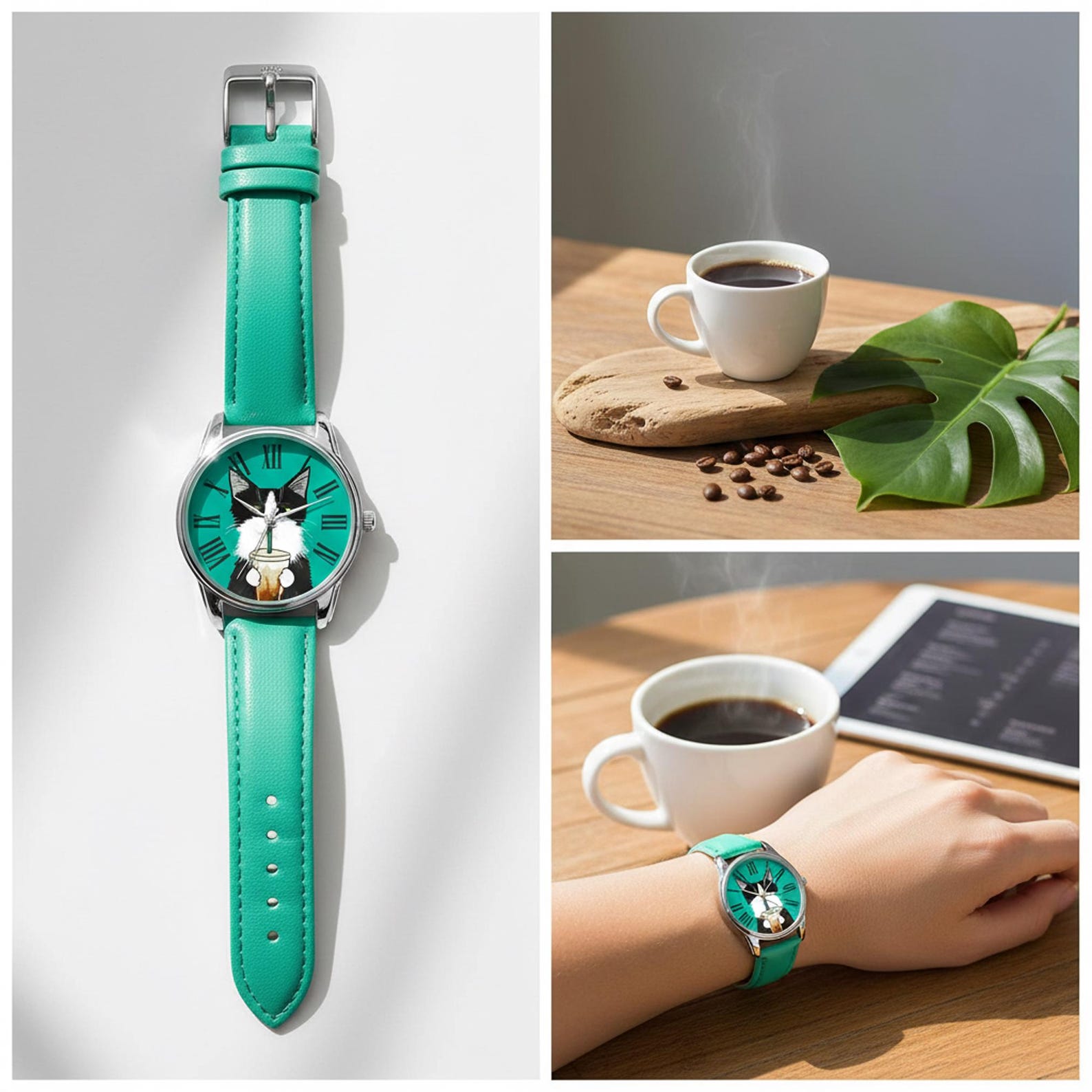 Turquoise Cat Watch, Mint Green Feline Watch, Cute Pet Lover Gift for ...