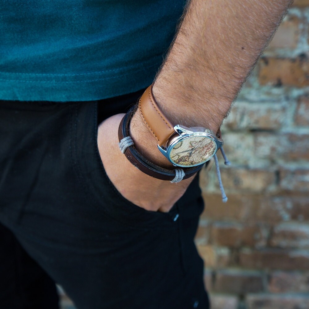 Map Wrist Watch/ Brown Map Watch/ World Map Watch/ Vintage Map Watch ...