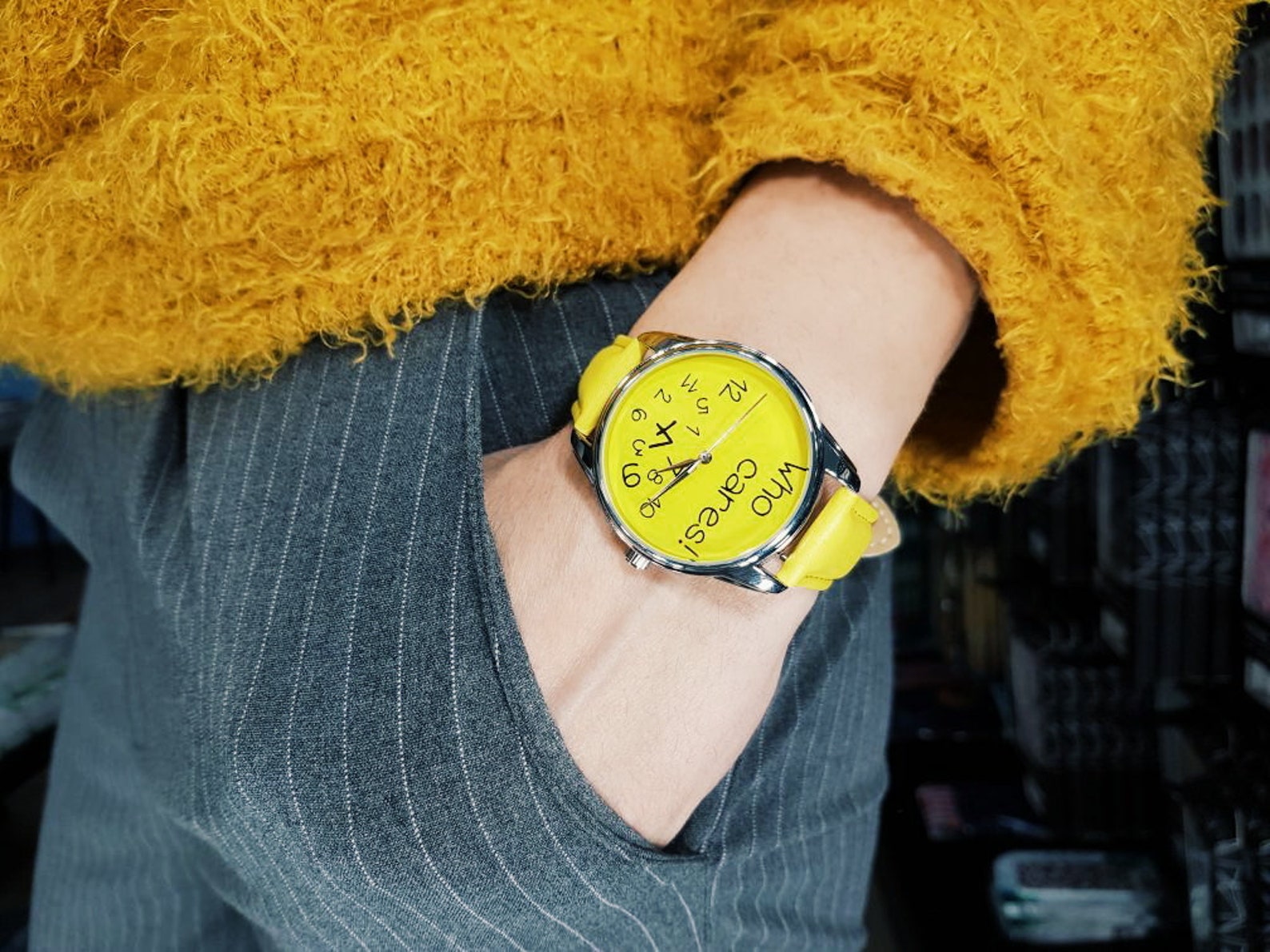 Yellow Who Cares Watch / Yellow Wrist Watch/ Who Cares Watch/ Women ...