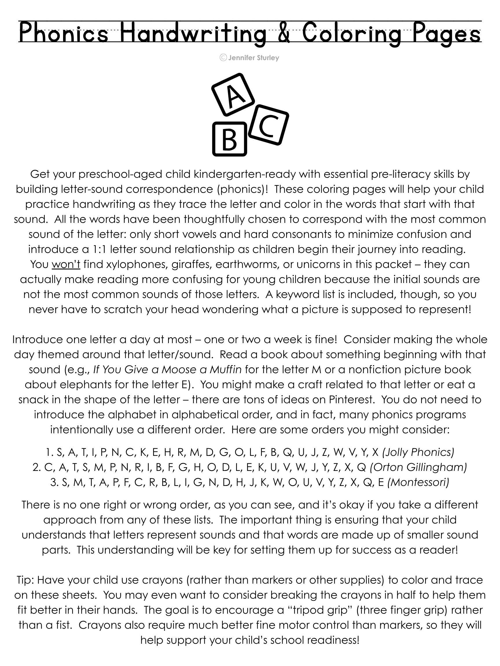 Phonics Handwriting & Coloring Pages - Get Kindergarten Ready! - Etsy