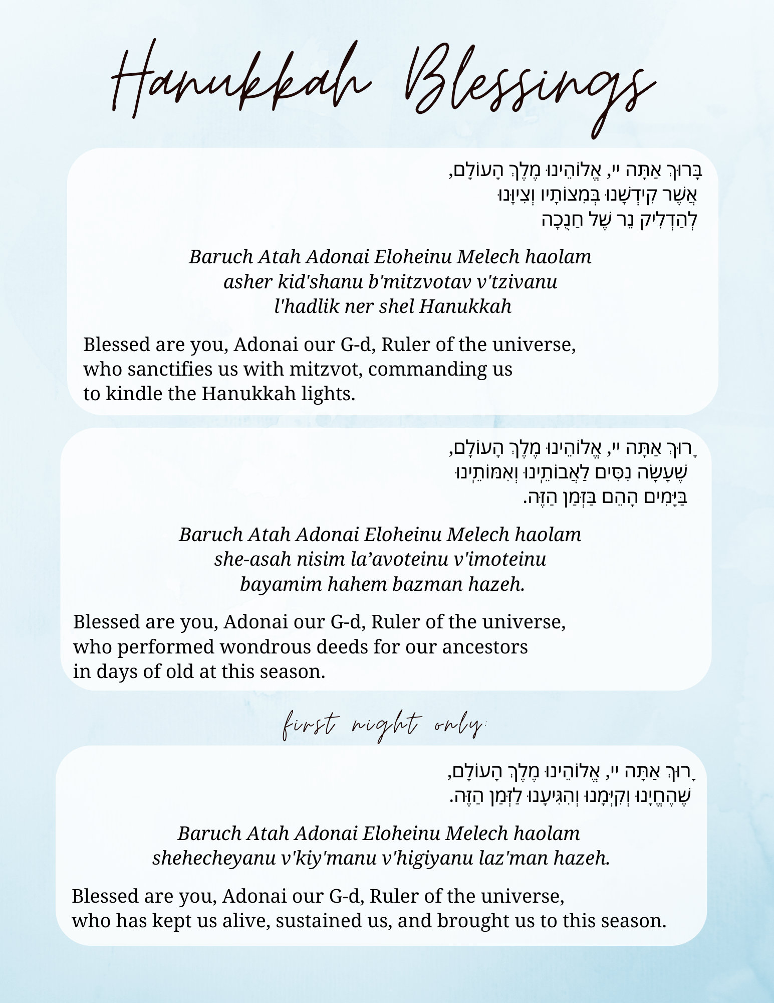 PRINTABLE Hanukkah Blessings (digital Download) - One Page - Etsy