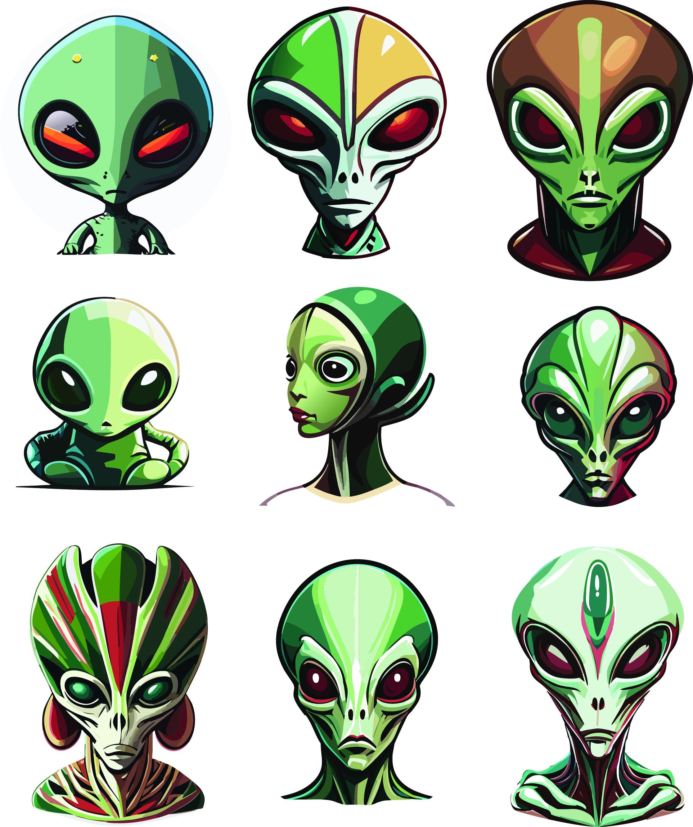 ALIENS FACES Vector Art Graphic Illustration Kids Books Outer Space ...