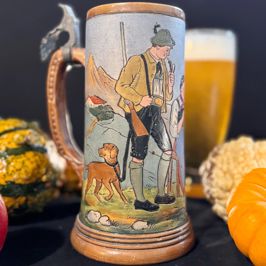 STEIN - Reinhold Hanke “A Happy Heart Heals All Pain” Etched Beer Stein ...