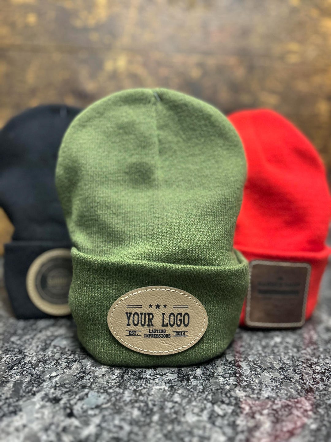 Custom Logo Beanie | Personalized Leather Patch, Winter Hat - Etsy