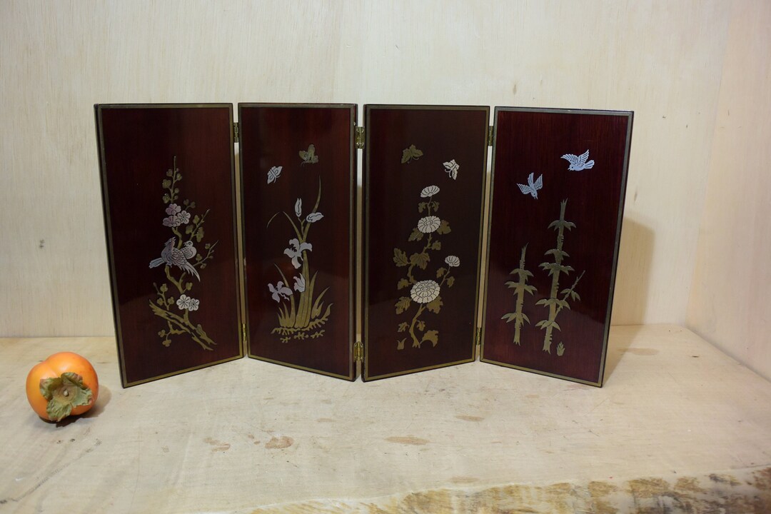 12 Inches Tall Vintage Korean 4 Panel Table Screen Wood Lacquer Metal ...