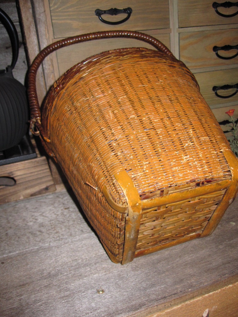 Vintage Chinese Bamboo Basket With Handle - Etsy
