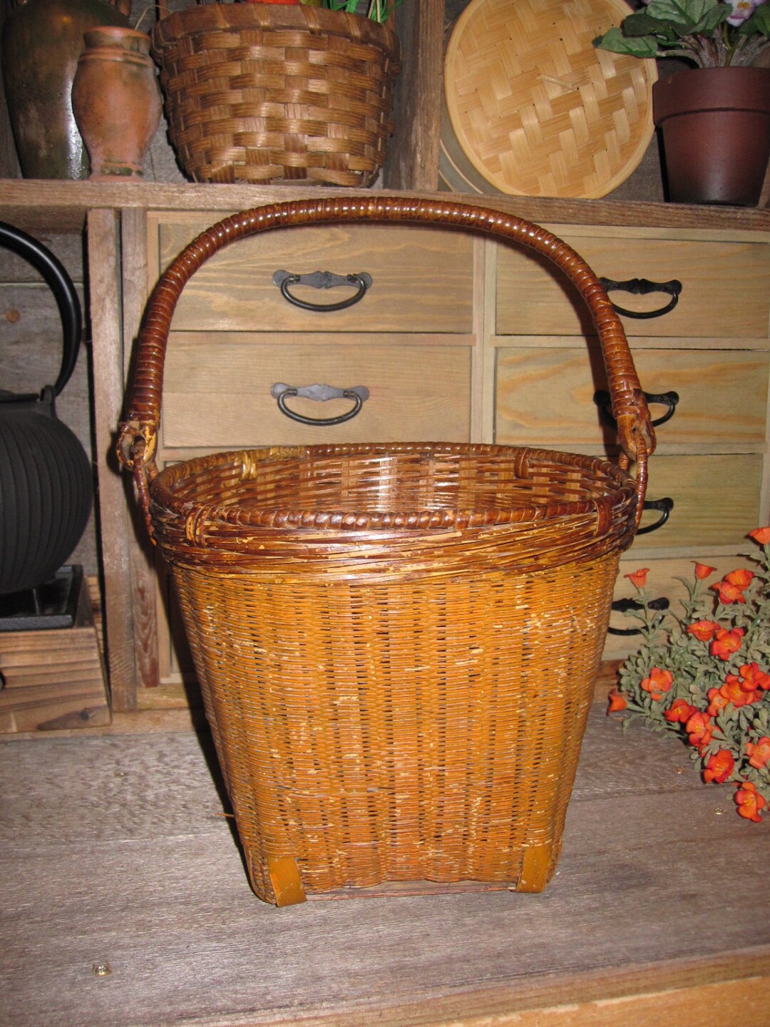 Vintage Chinese Bamboo Basket With Handle - Etsy