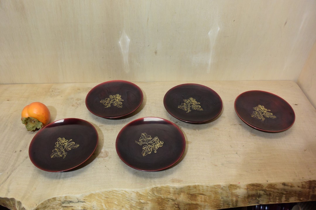 Set of 5 Vintage Japanese Black Cherry Red Metal Lacquer Plate - Etsy