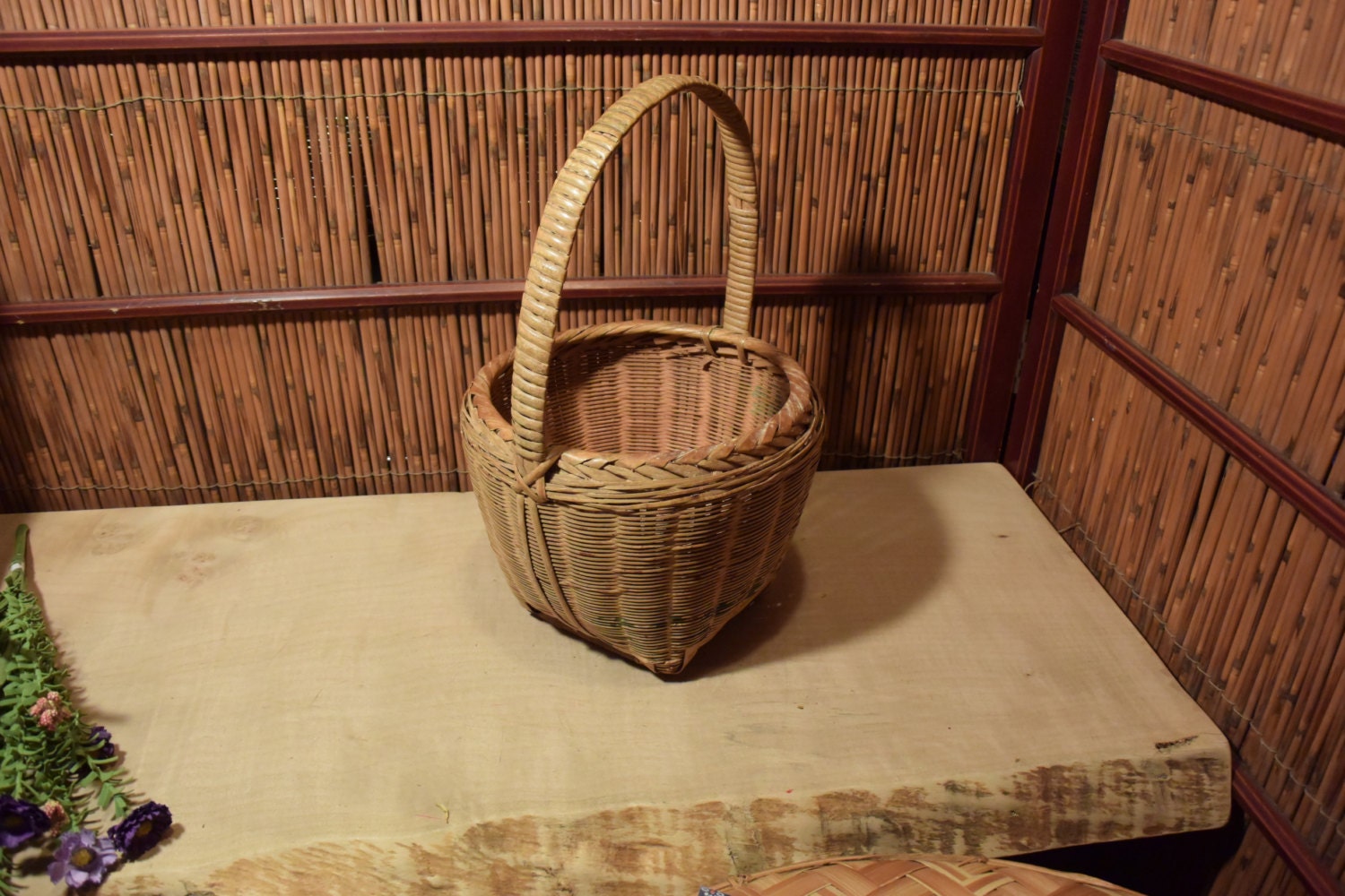 Vintage Chinese Bamboo Basket With Handle | Etsy