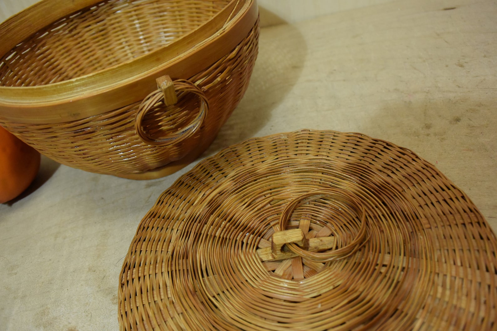 Chinese Bamboo Basket With Lid Decorative Ring Handle - Etsy