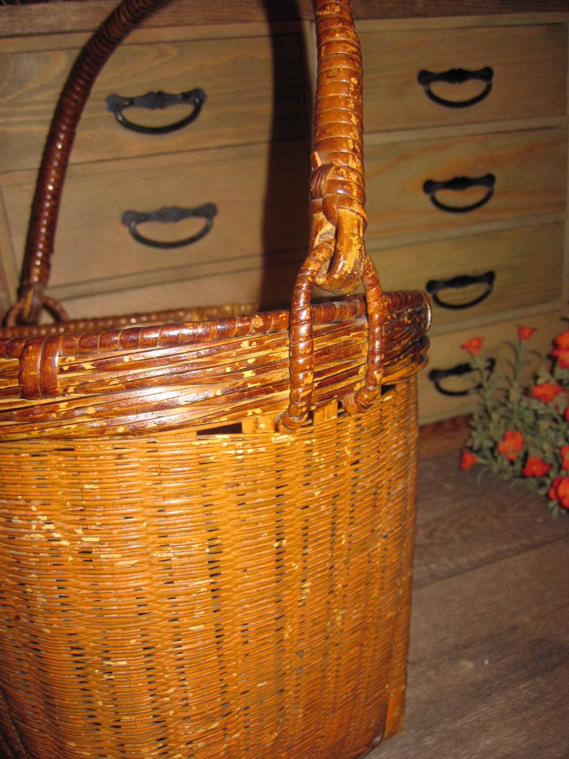 Vintage Chinese Bamboo Basket With Handle | Etsy