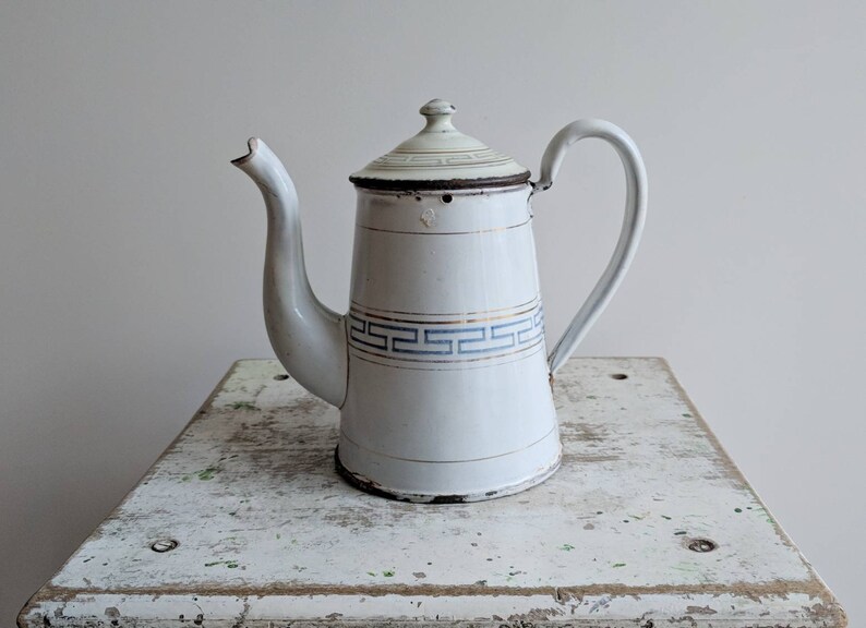 French Vintage Coffee Pot in White Enamelware With Blue and Gold Detail ...