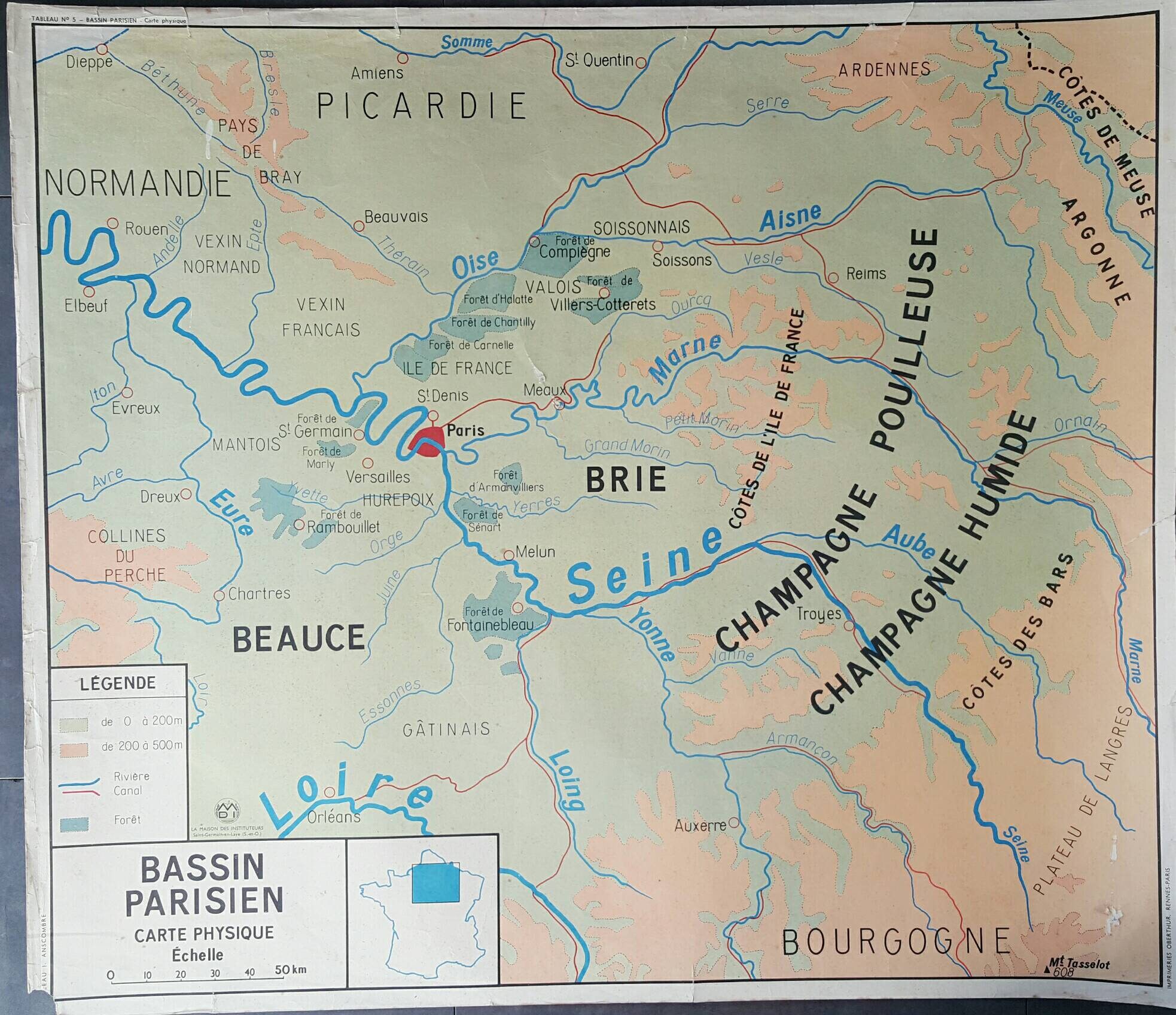 French Vintage School Map of Paris, Ile De France, and the Normandy ...