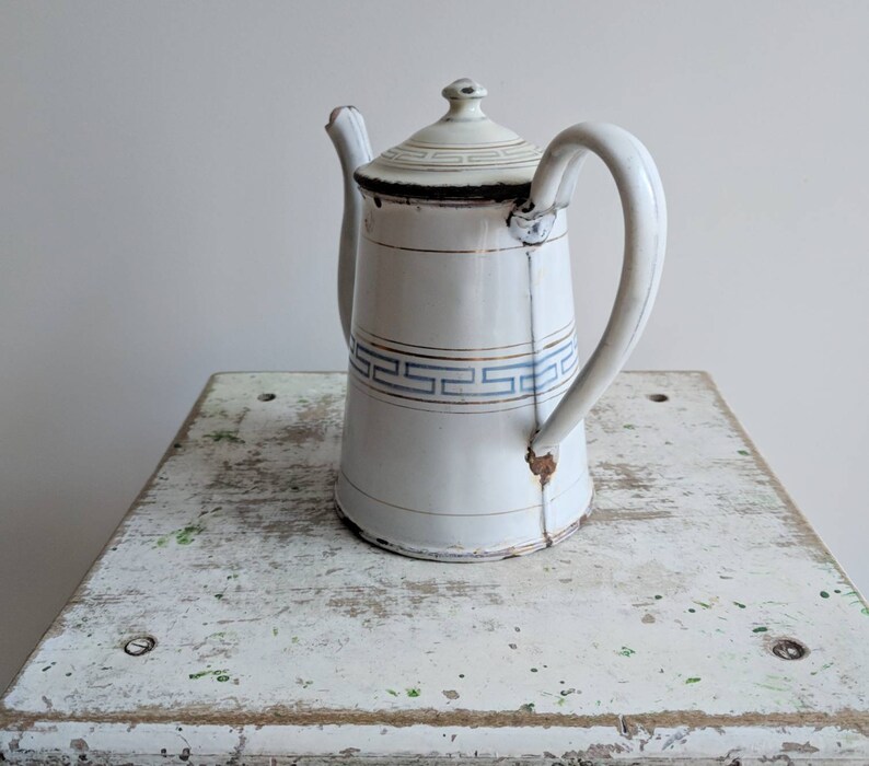 French Vintage Coffee Pot in White Enamelware With Blue and Gold Detail ...