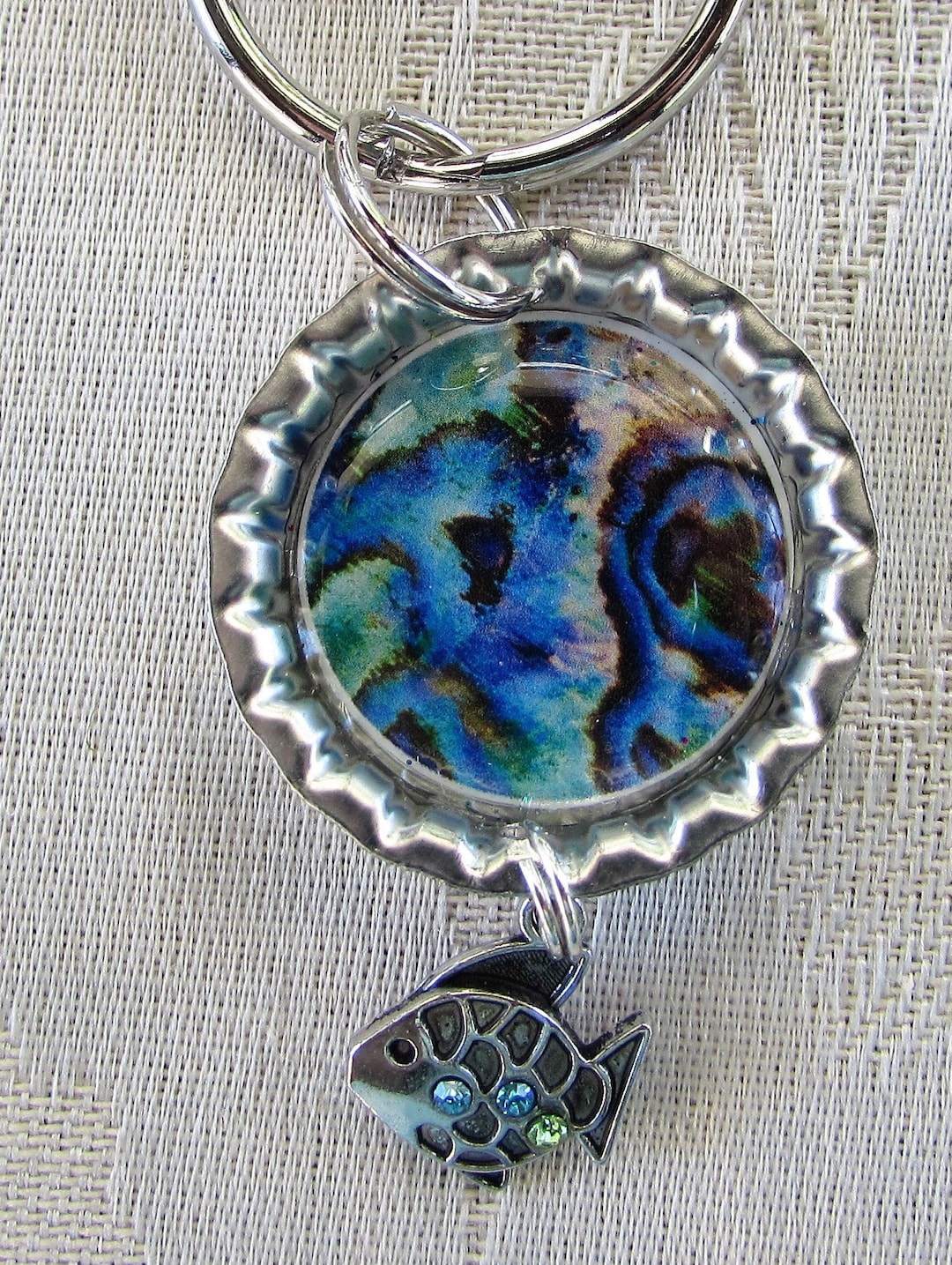 Abalone Shell Pattern Key Ring With Jeweled Fish Charm - Etsy