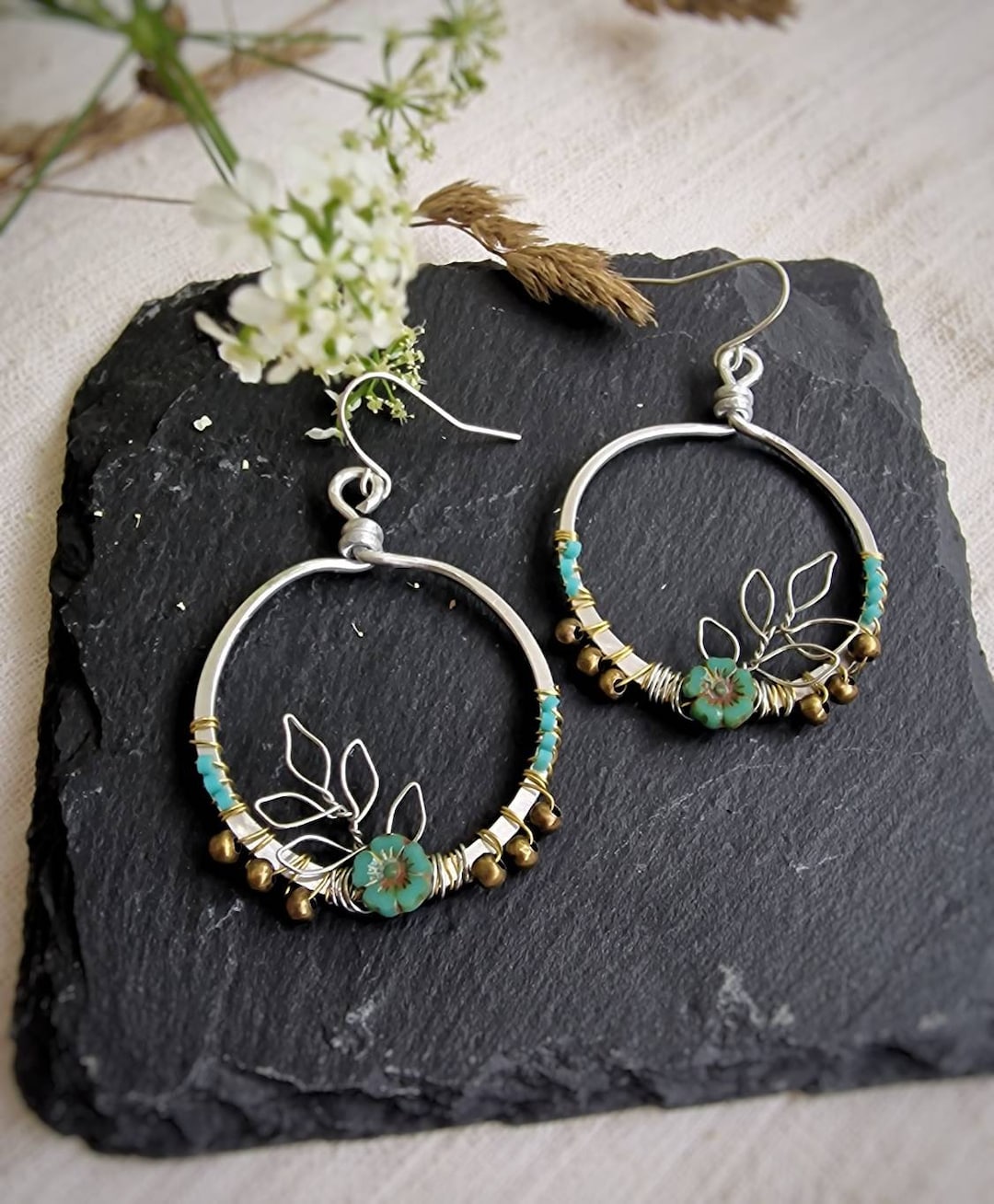 Handmade Silver Botanical Hoop Earrings With Green, Bronze and ...