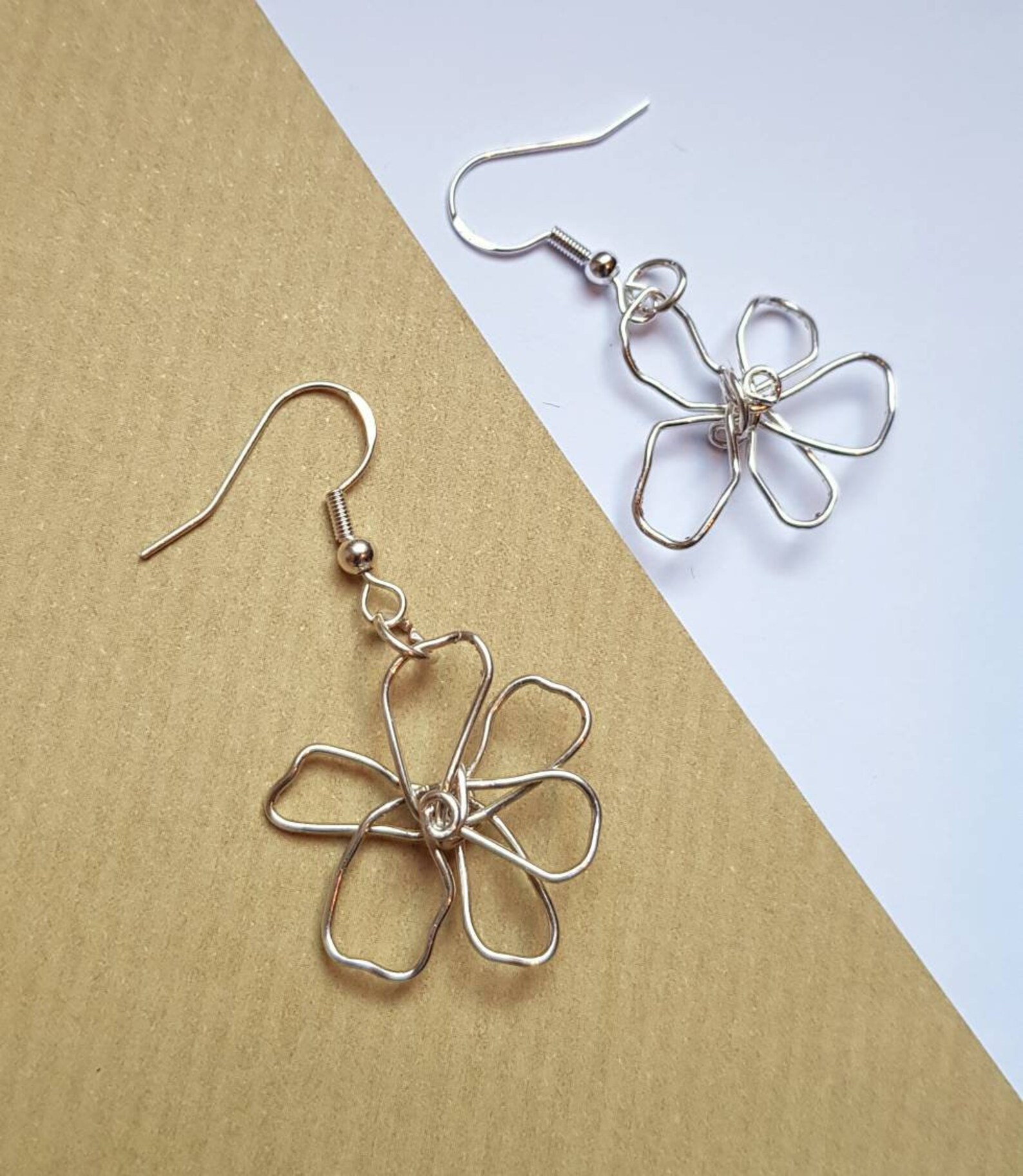 Silver wire flower earrings delicate hand shaped sterling | Etsy