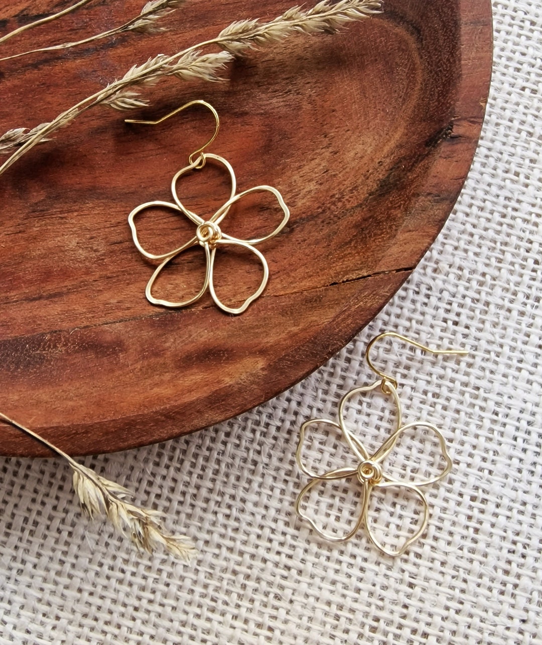 Gold Wire Flower Earrings (SMALLER SIZE), Delicate, Hand Shaped ...