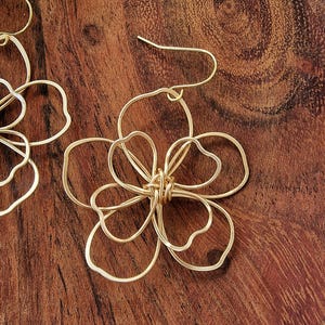 Double Petal Gold Wire Flower Earrings, Delicate, Minimalistic ...
