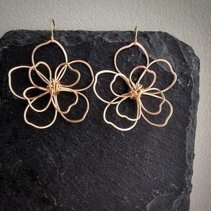 Double Petal Gold Wire Flower Earrings, Delicate, Minimalistic ...