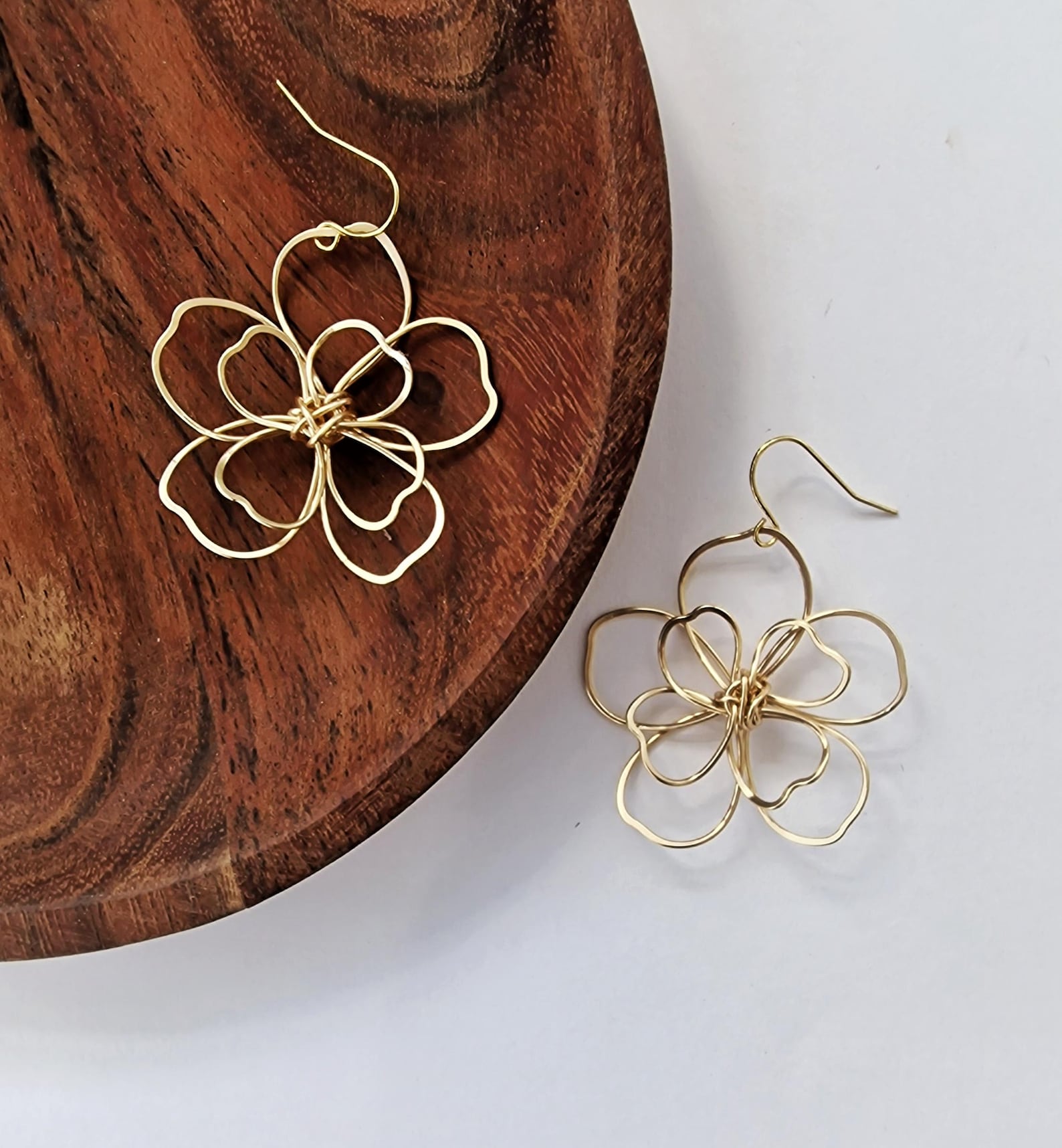 Double Petal Gold Wire Flower Earrings, Delicate, Minimalistic ...