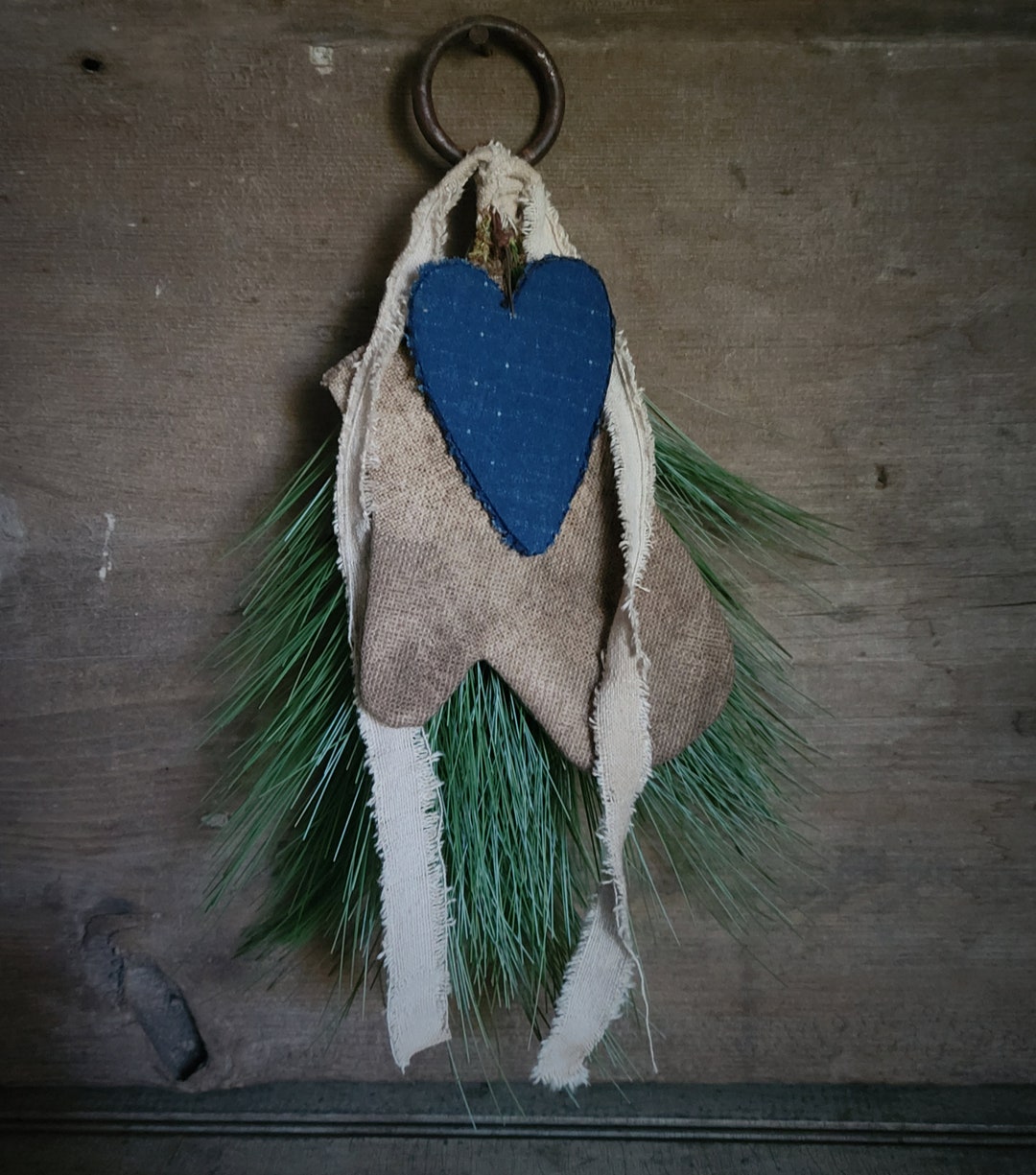 Greenery Swag on Chain Ring With Handsewn Antique Calico Heart and ...