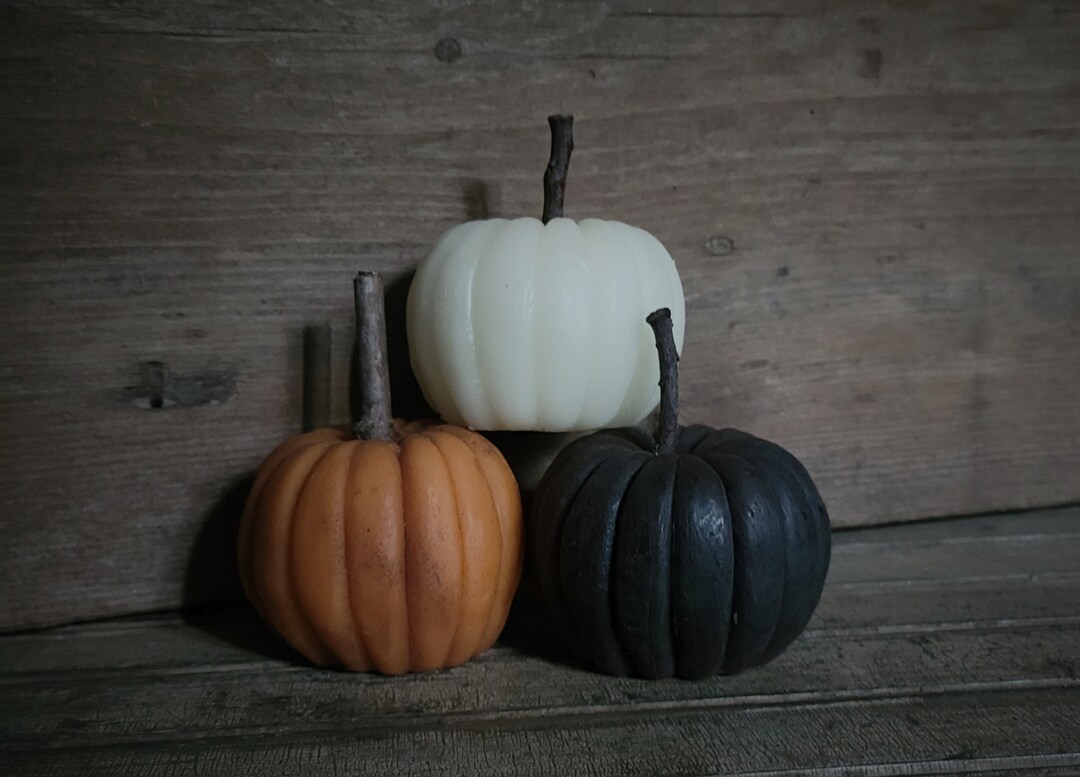Three Solid Beeswax Pumpkins With Stick Stems - Etsy