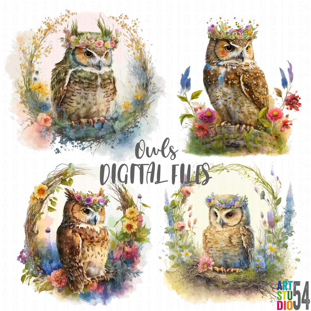 Owls With Flower Crown Watercolor Style Png Digital File - Clip Art ...