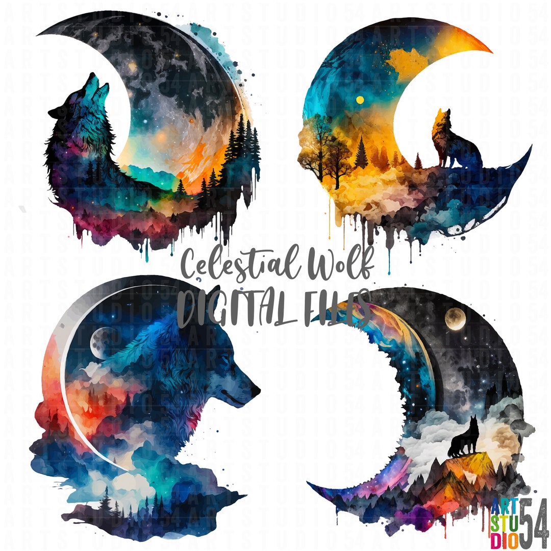 Celestial Wolf Watercolor Style Png Digital File - Clip Art - Personal ...
