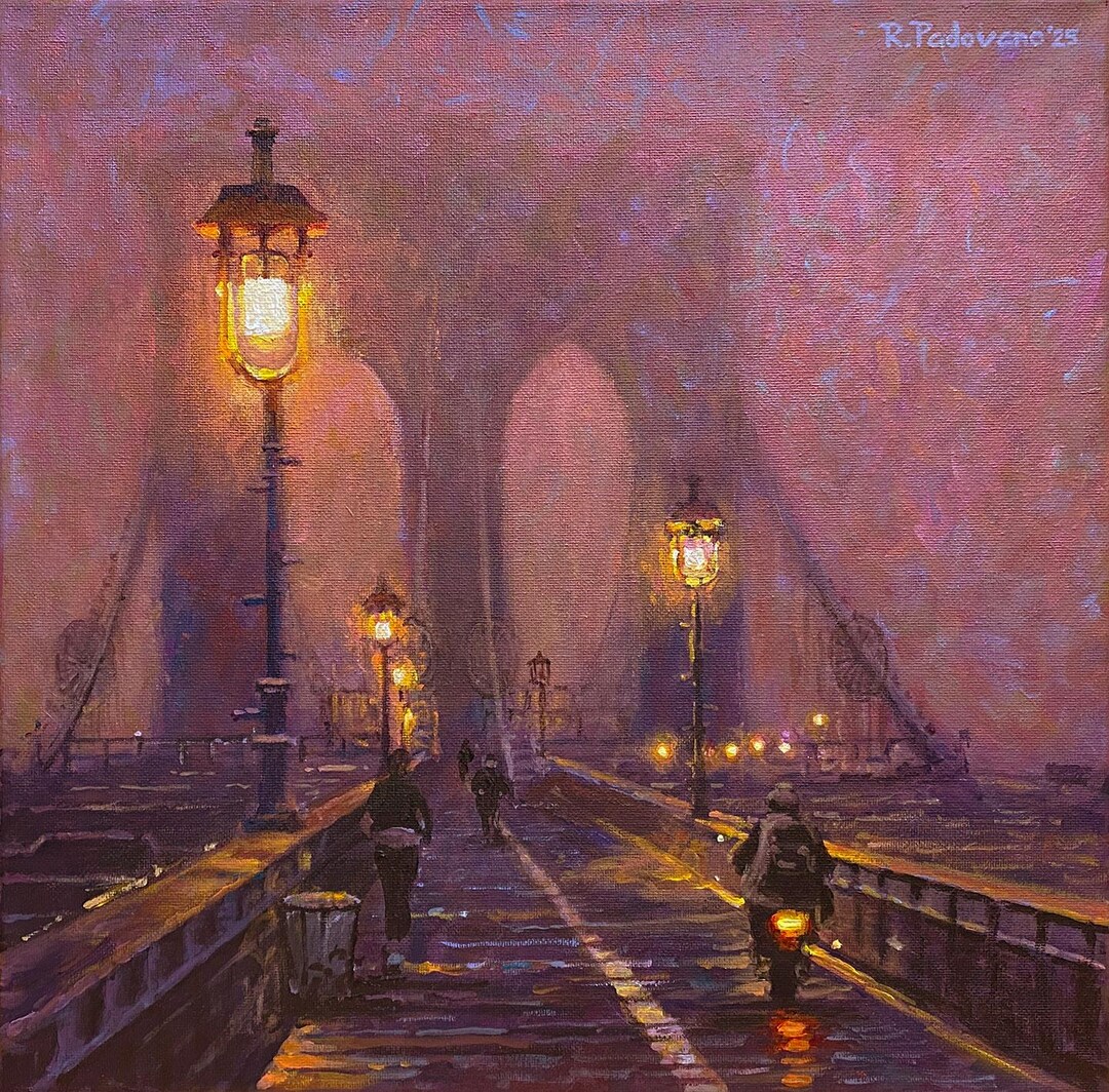 Red Fog, Brooklyn Bridge - Original Impressionist Painting by Robert ...