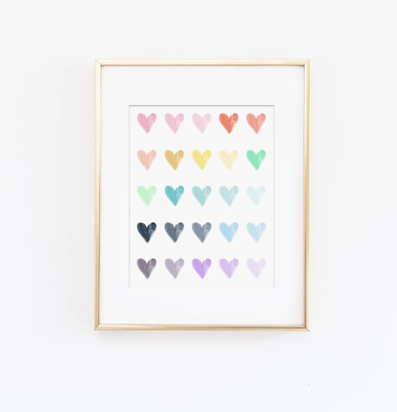 Rainbow Hearts Watercolor Art Print Rainbow Nursery Art | Etsy