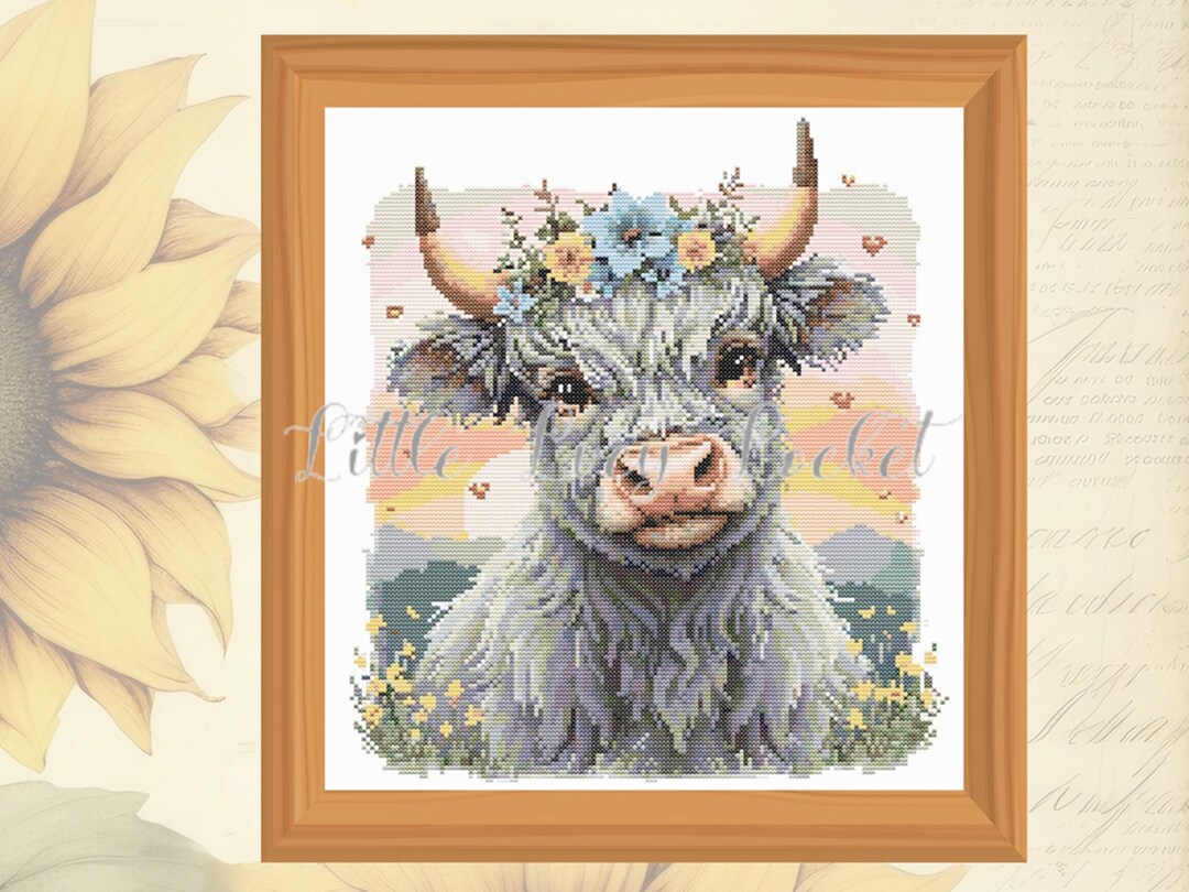Floral Highland Cow Cross Stitch Chart: Sunset Animal Design (PDF ...