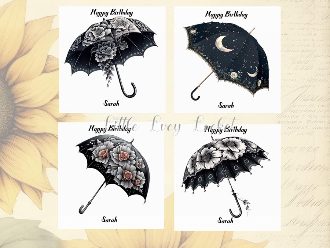 Black FLORAL Umbrella-personalised-birthday Card for Her-4 Design ...