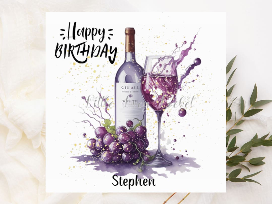 RED Wine Birthday Card-personalised-bottle & Glass-grapes-watercolour ...