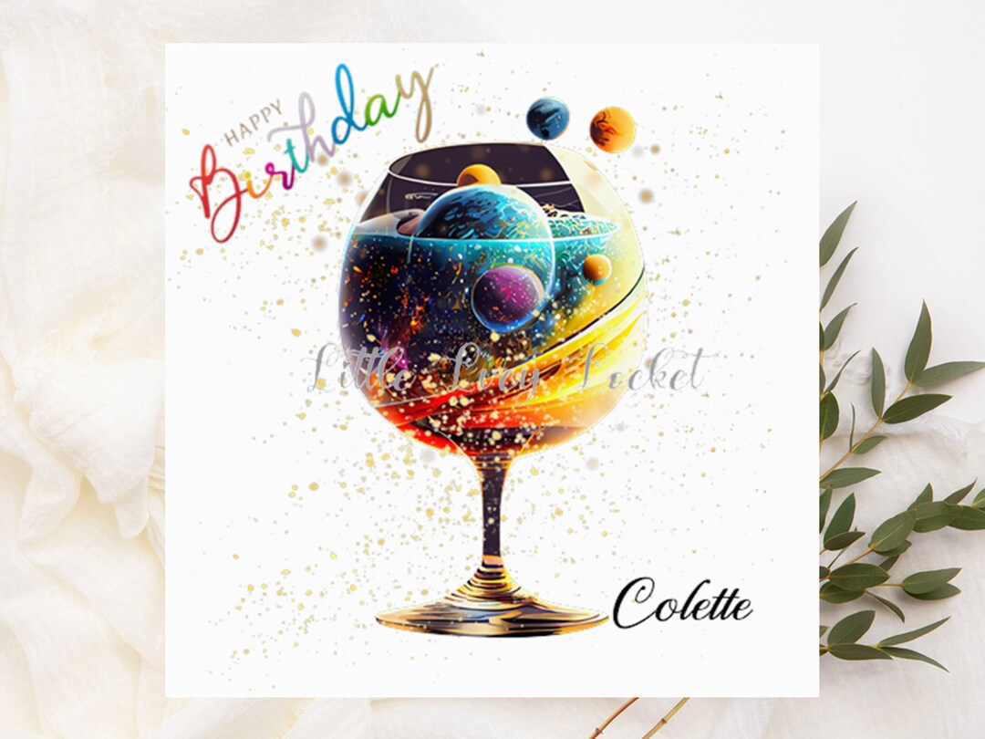 WINE GLASS Birthday Card-personalised-colourful Watercolour Galaxy Wine ...
