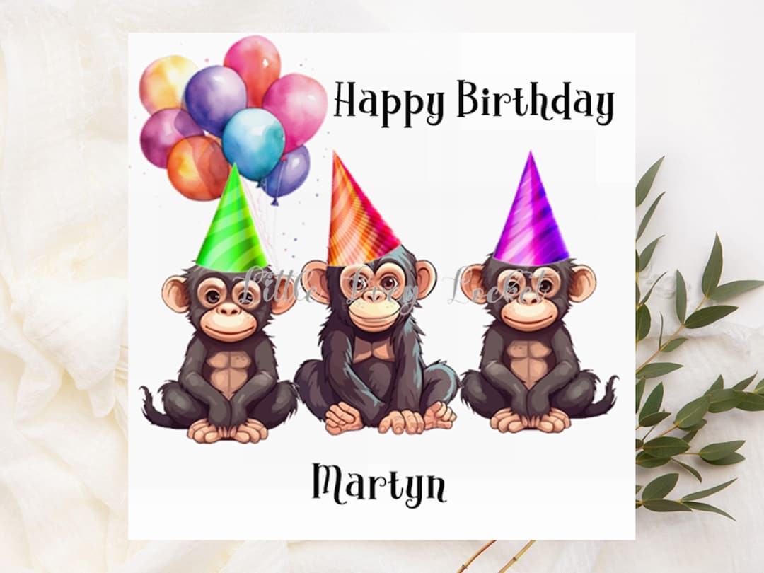 Personalised-monkey Birthday Card-monkeys in a Row With Party Hats ...