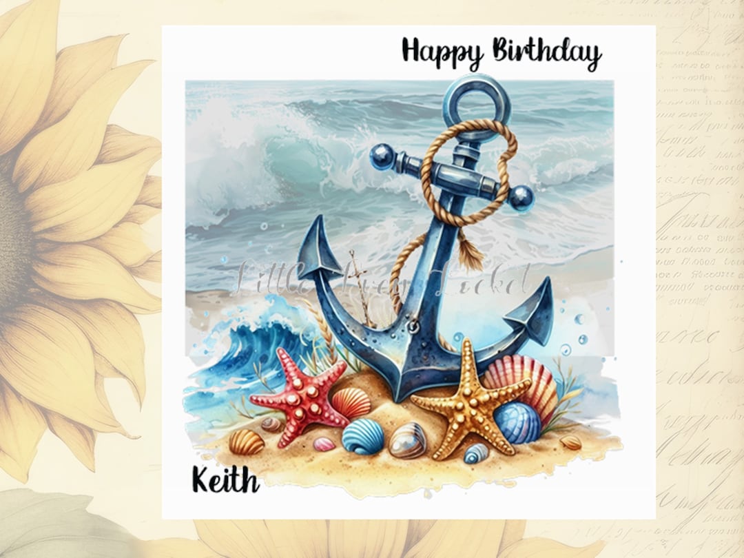 ANCHOR Birthday Card-personalised-sea Anchor on Beach-seashells-star ...