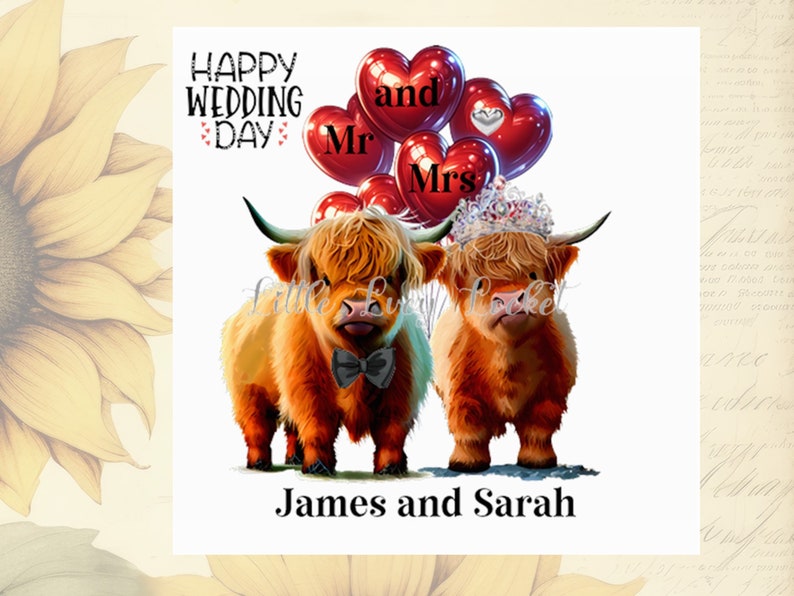 Personalized Highland Cow Wedding Card: Mr & Mrs With Heart Balloons - Etsy