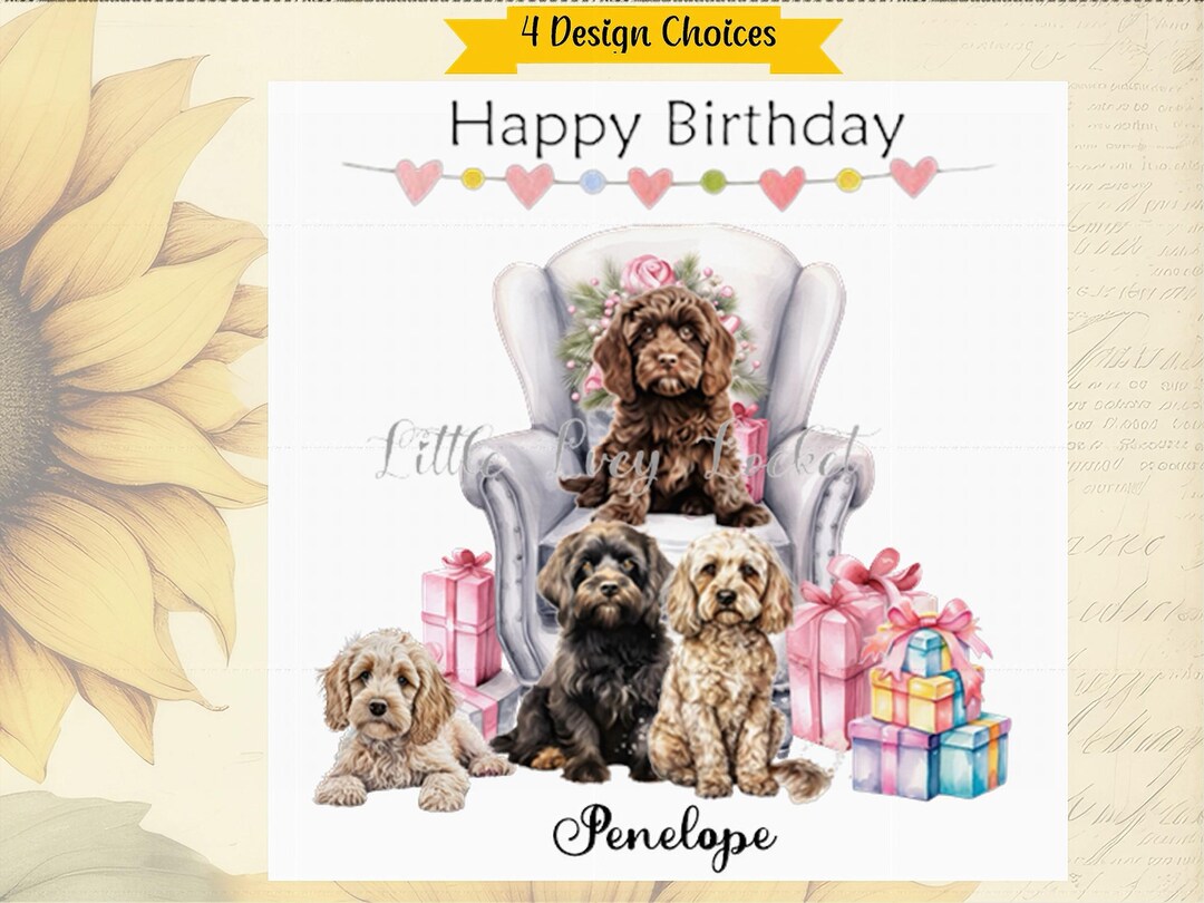 Cockapoo Birthday Card-personalised-4 Design Choices-cockapoos on Sofa ...