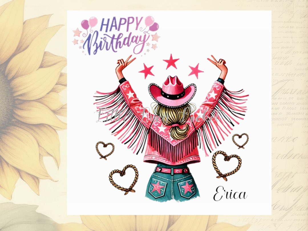COWGIRL Birthday Card-personalised-pink Fringed Jacket-cowgirl Hat ...