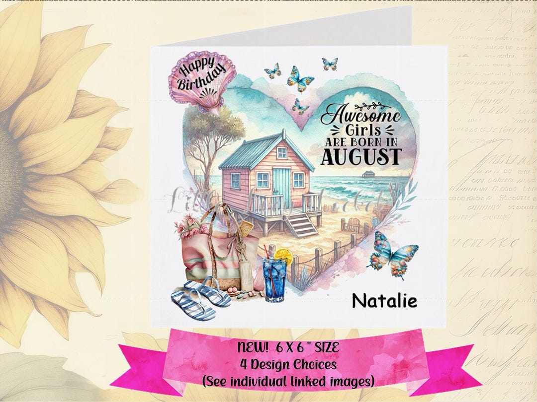 AUGUST Birthday Card-personalised-4 Design Choices-female Beach Themed ...