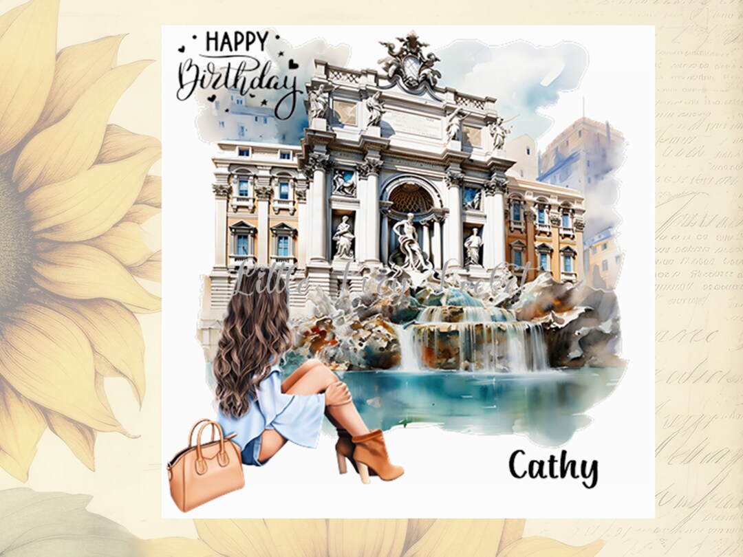 ROME Themed-personalised Birthday Card-watercolour Trevi Fountain Scene ...
