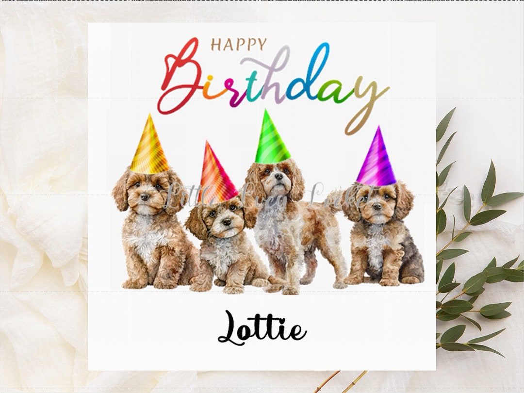 CAVAPOO Birthday Card-personalised-row of Cavapoos in Party Hats ...
