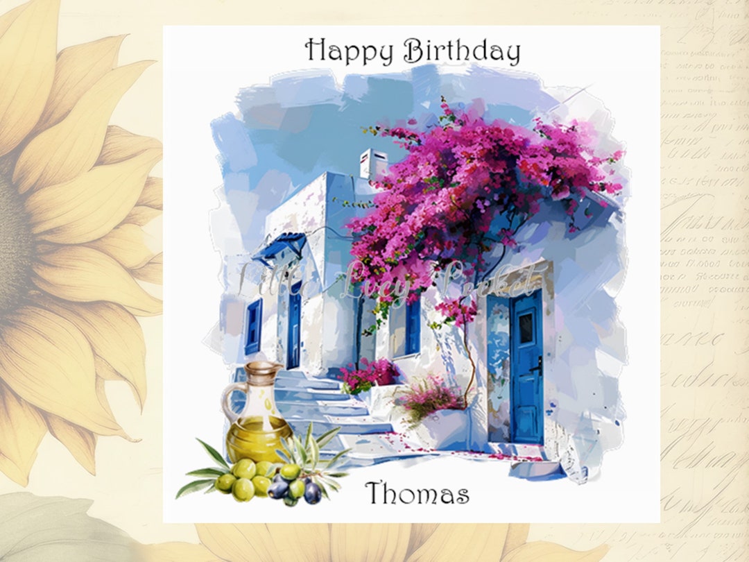 GREEK Theme Birthday Card-personalised-santorini Backdrop-olive Oil ...