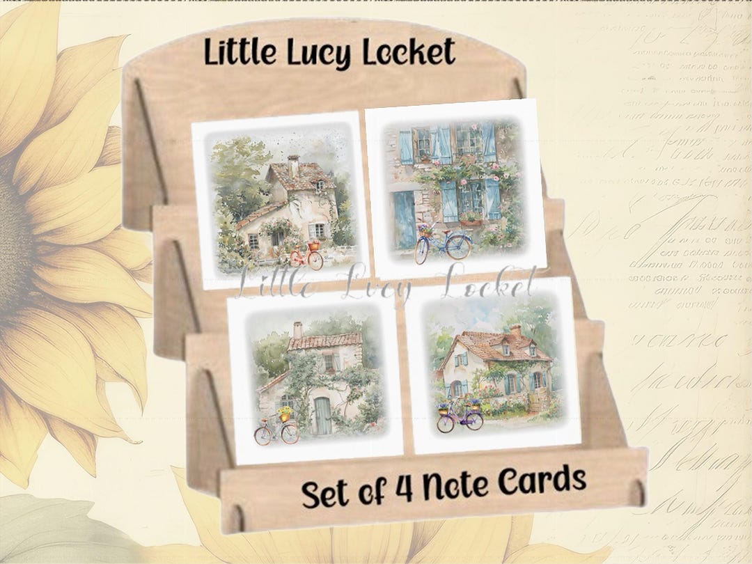 French Cottage Note Cards - Set of 4 - Watercolour Bicycle Design ...