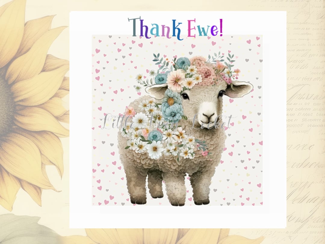 Thank You Card-sheep Theme-thank Ewe-floral Sheep on Heart Background ...