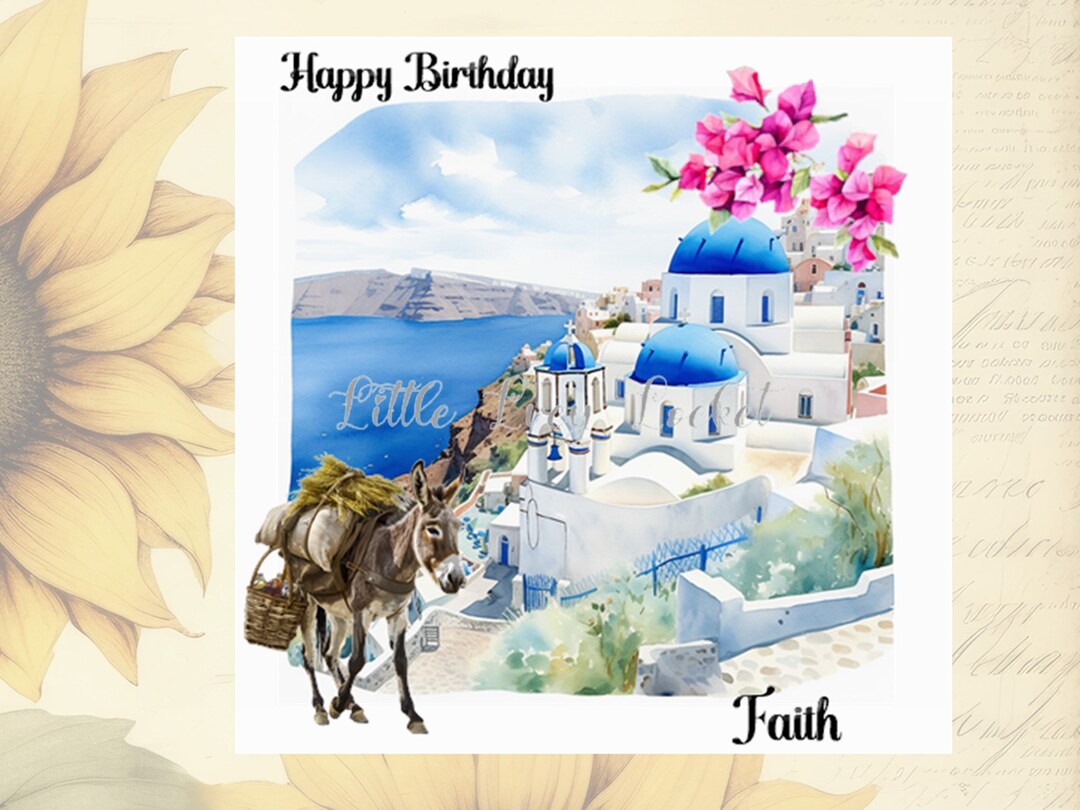GREEK Village Birthday Card-personalised-muted Watercolour Greek Scene ...